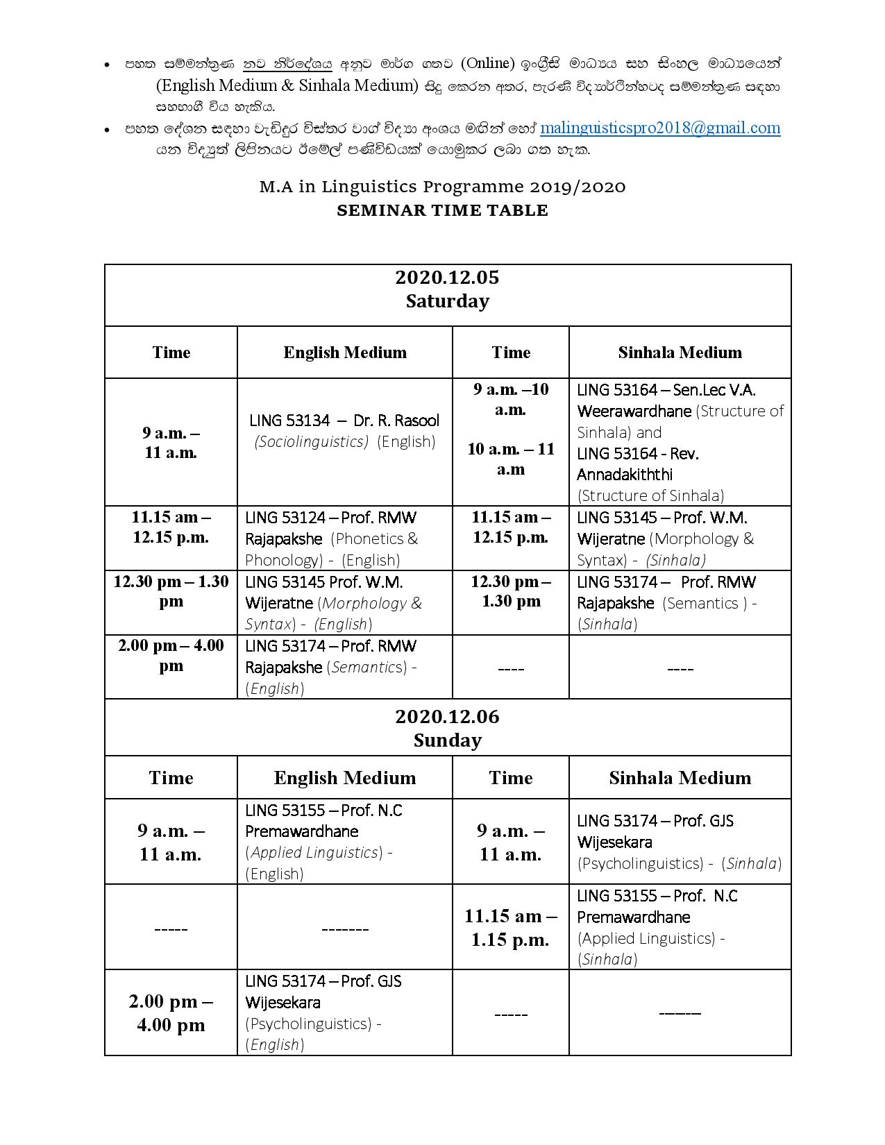 MA Linguistics Seminar Time Table 2019/2020
